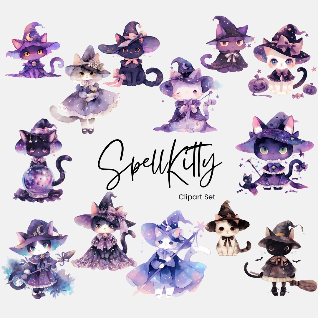 Pastel Goth Cute Halloween Witch Cat Clipart Png, Kawaii Mystical ...