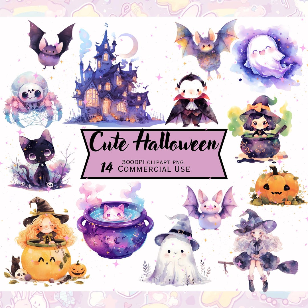 Cute Halloween Clipart Png, Kawaii Spooky Watercolor Ghost Bat Pumpkin ...
