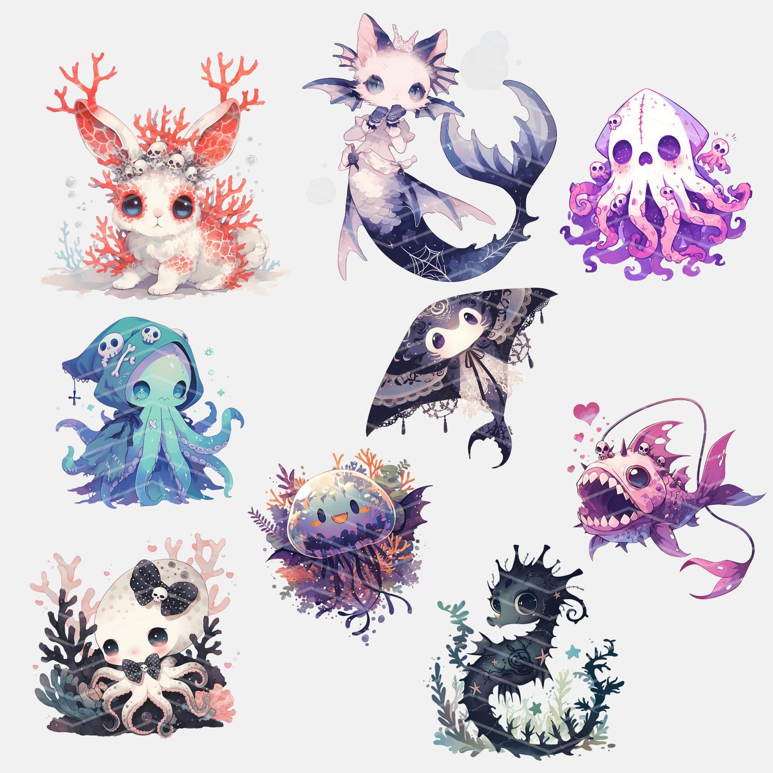 Gothic Ocean Creatures Clipart: Goth Kawaii Sea Life Illustrations ...