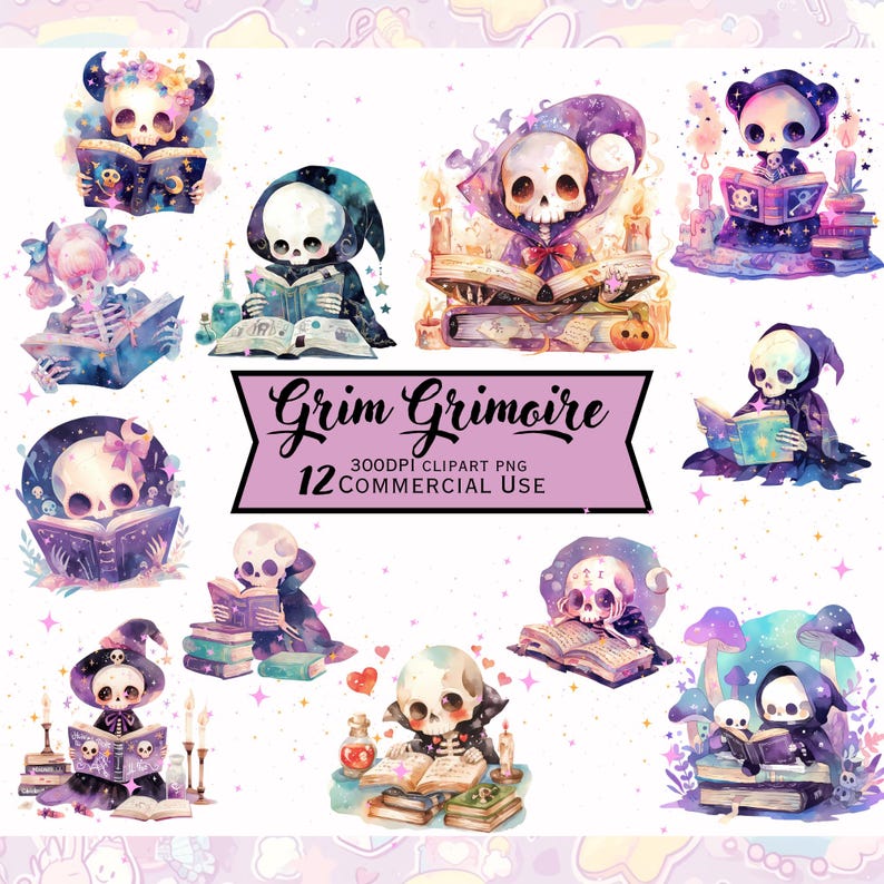 Pastel Goth Cute Skeleton Magic Spell Books Clipart Png, Bookworm Nerd ...