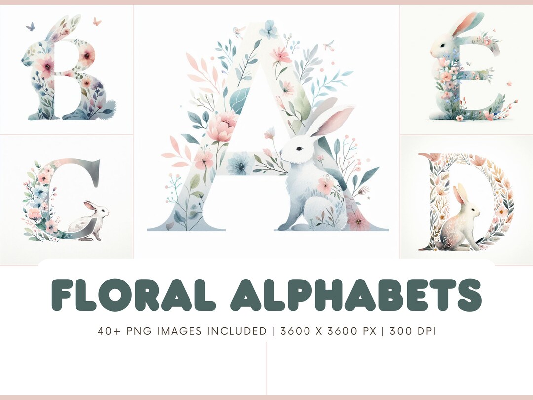 Bunny Floral Alphabet Clipart Bundle Cropped PNG File Instant Download ...