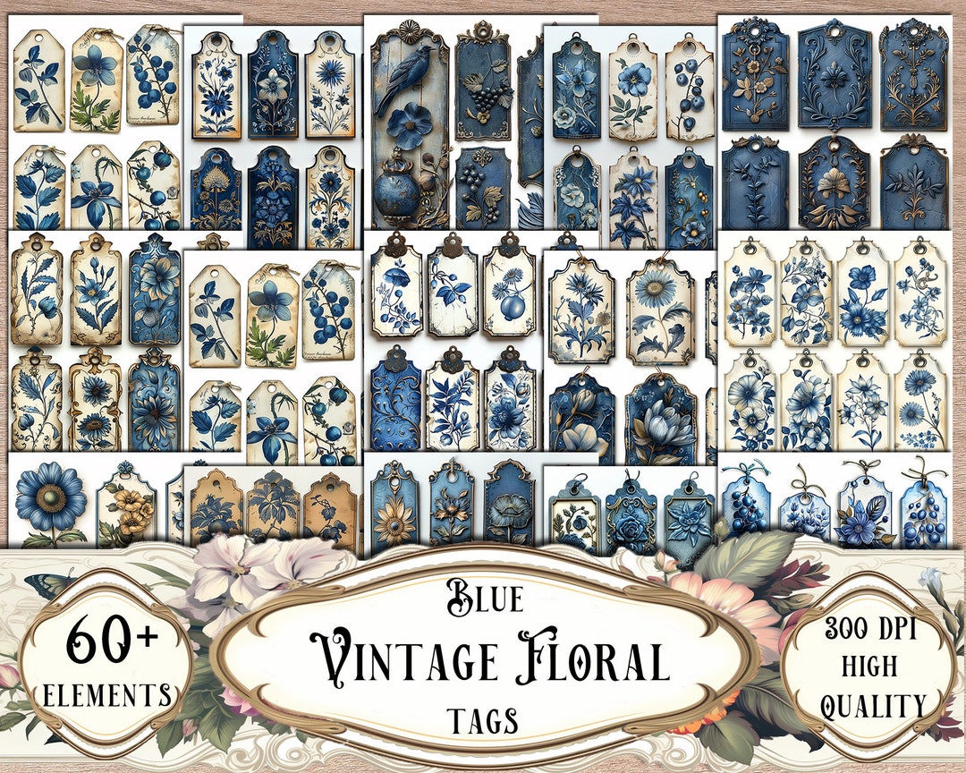 Blue Vintage Floral Tags, Ephemera, Fussy Cuts, Labels, Junk Journal ...