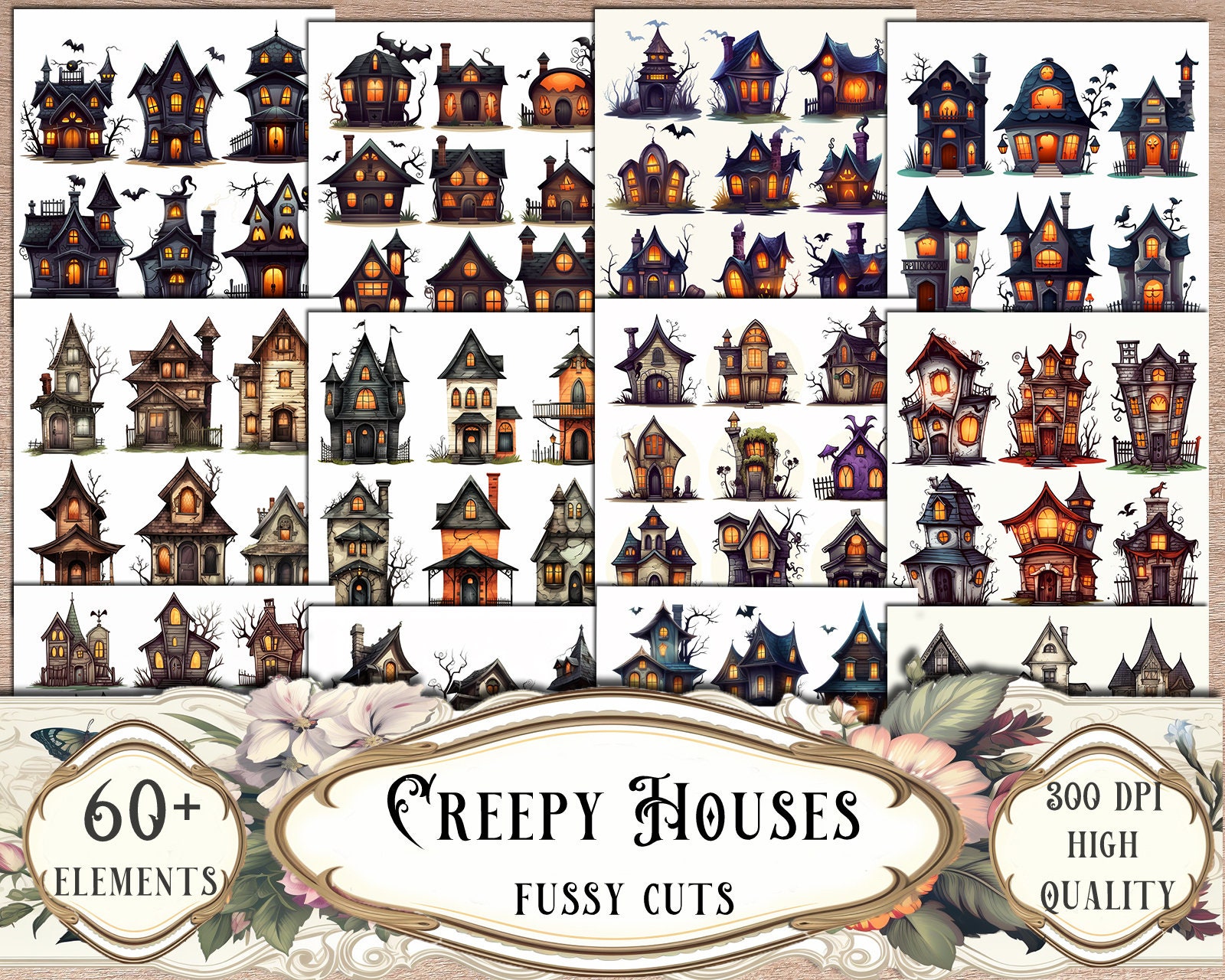 Creepy Houses Fussy Cuts, Printable Stickers, Junk Journal Kit ...