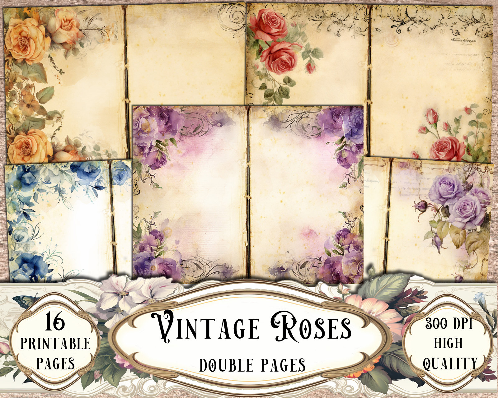 Vintage Roses Double Pages, Junk Journal Kit, Printable Papers, Digital ...