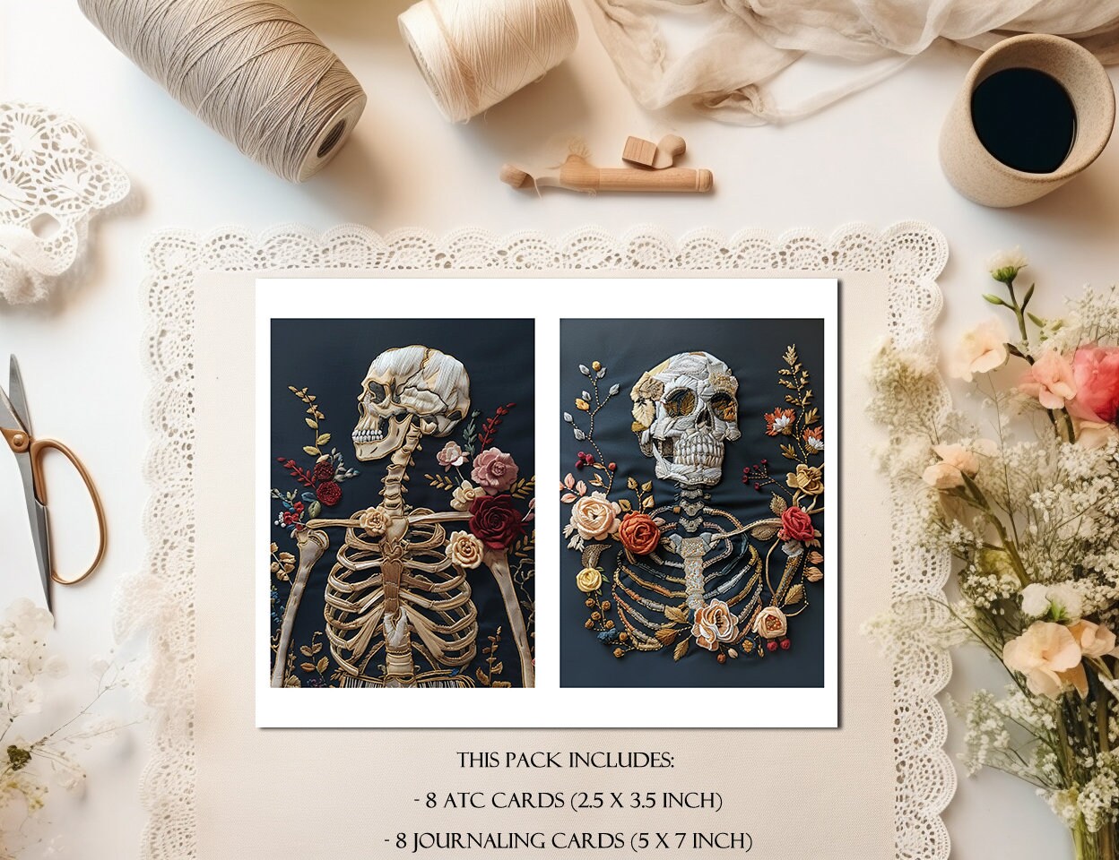 Skeleton Embroidery Printable ATC Cards, Junk Journal Kit, Scrapbooking ...