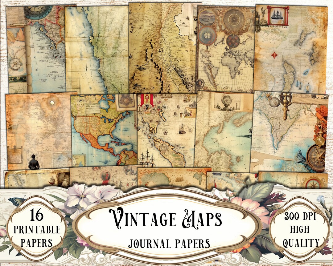 Vintage Maps Journal Papers, Printable Papers, Digital Papers, Junk ...