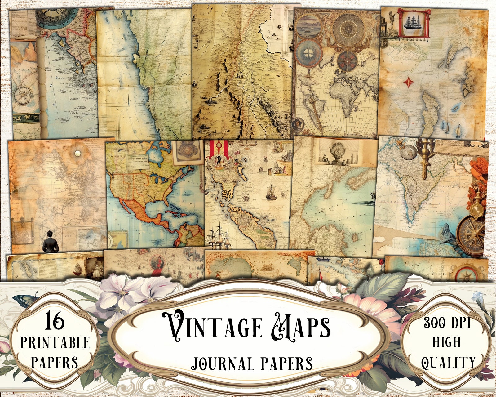 Vintage Maps Journal Papers, Printable Papers, Digital Papers, Junk ...