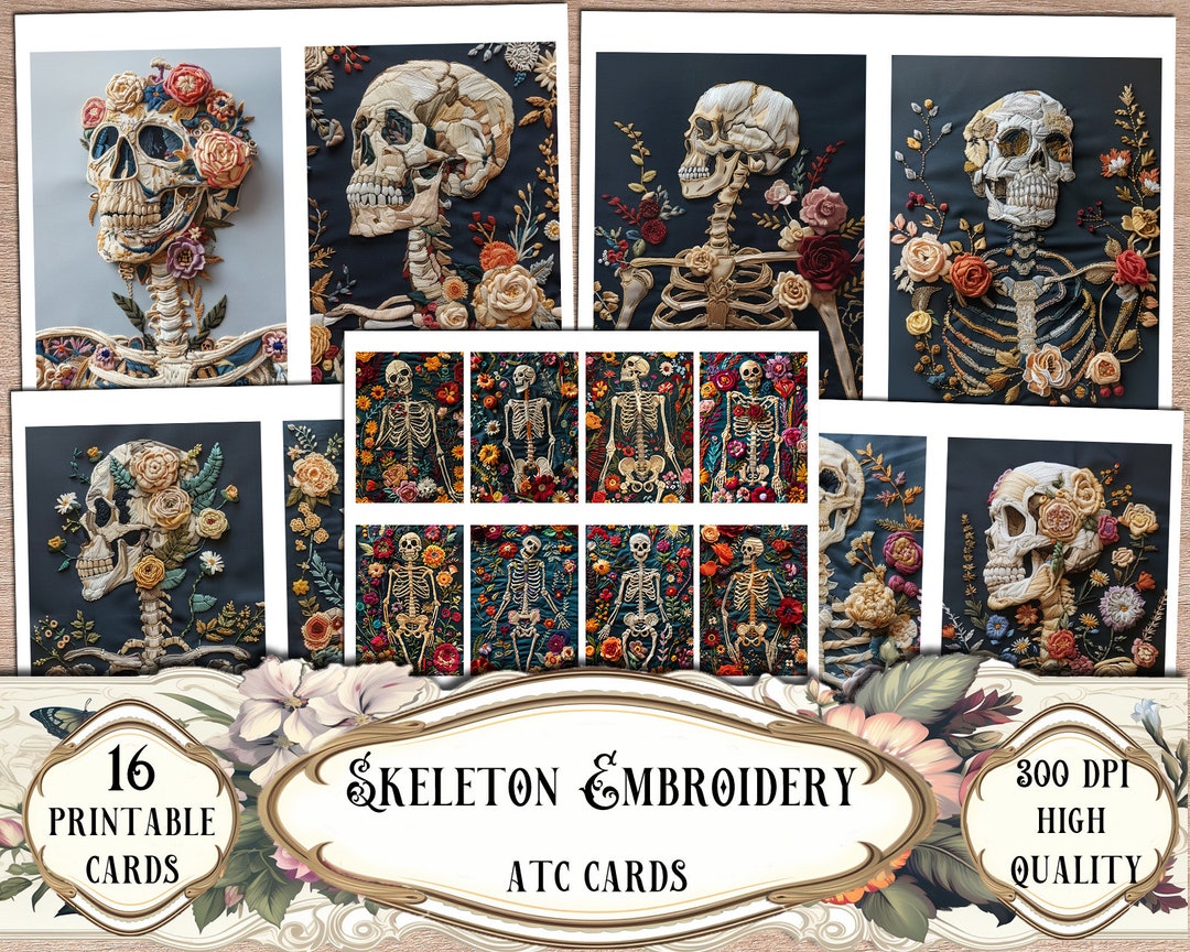 Skeleton Embroidery Printable ATC Cards, Junk Journal Kit, Scrapbooking ...