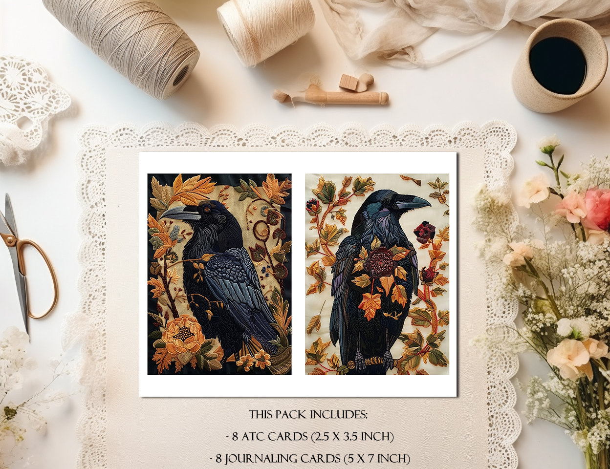 Raven Embroidery Printable ATC Cards, Junk Journal Kit, Scrapbooking ...
