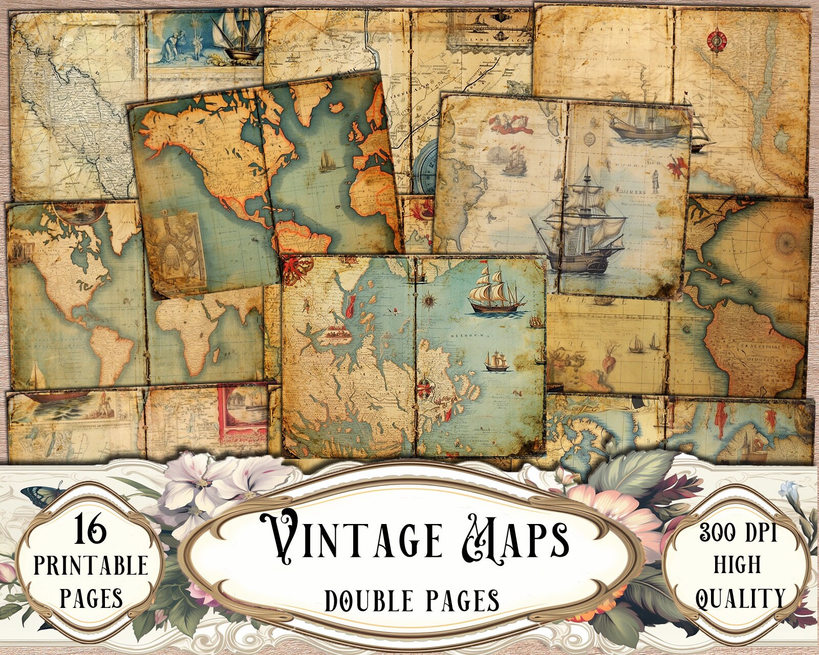 Vintage Maps Double Journal Pages, Junk Journal Kit, Printable Papers ...