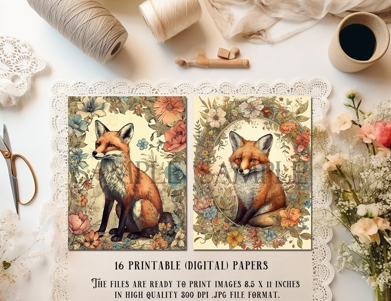 Vintage Foxes Journal Papers, Digital Papers, Printable Papers, Junk ...