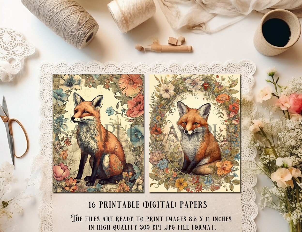 Vintage Foxes Journal Papers, Digital Papers, Printable Papers, Junk ...