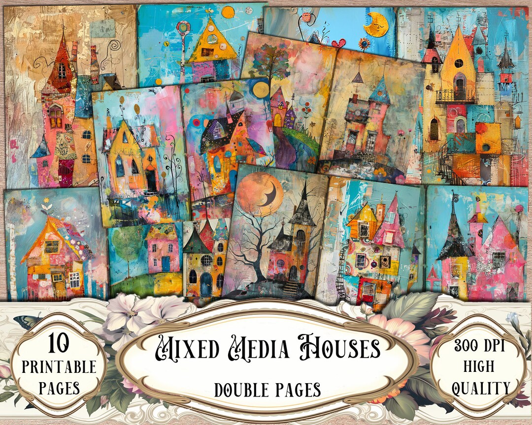 Mixed Media Houses Double Journal Pages, Junk Journal Kit, Printable ...