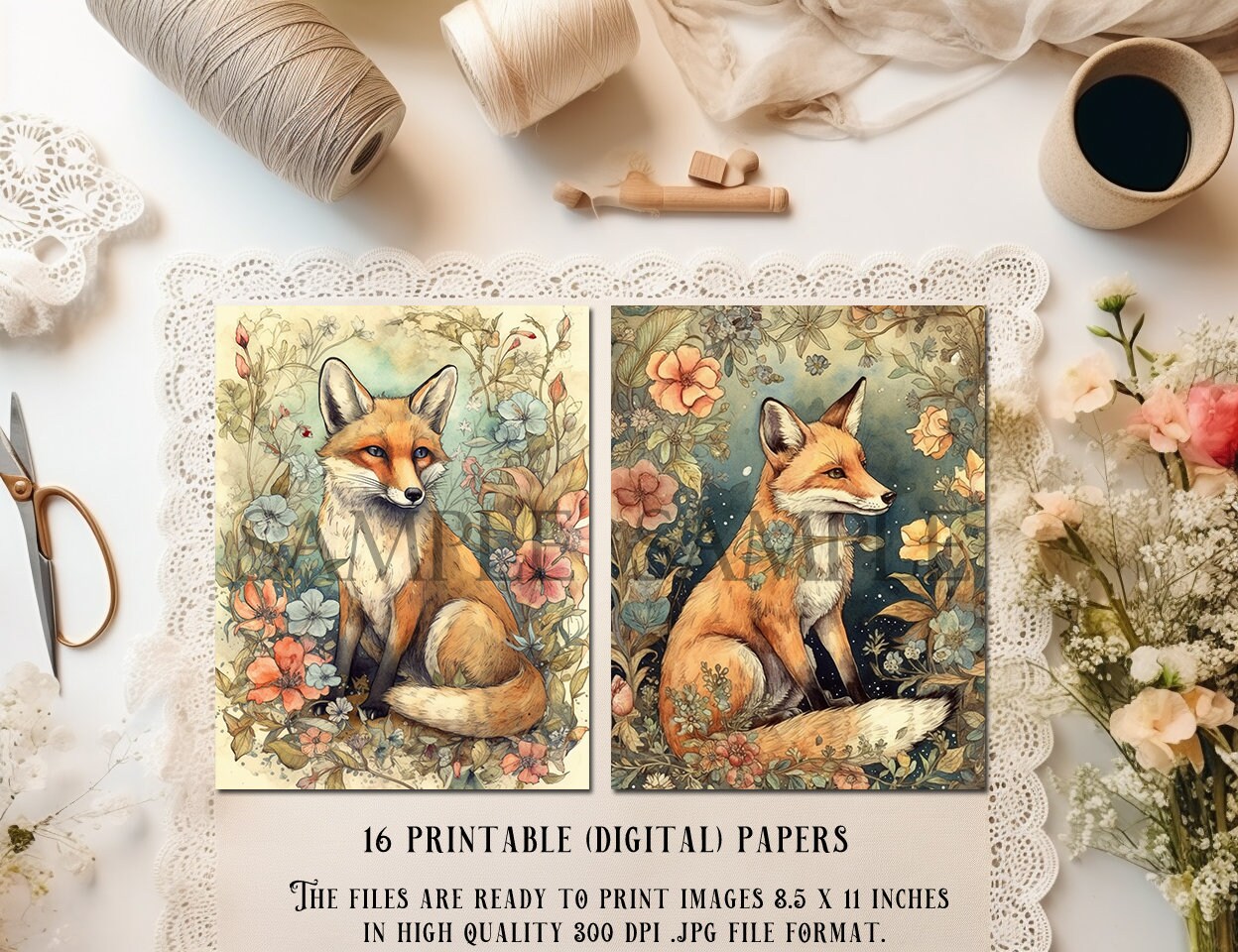 Vintage Foxes Journal Papers, Digital Papers, Printable Papers, Junk ...