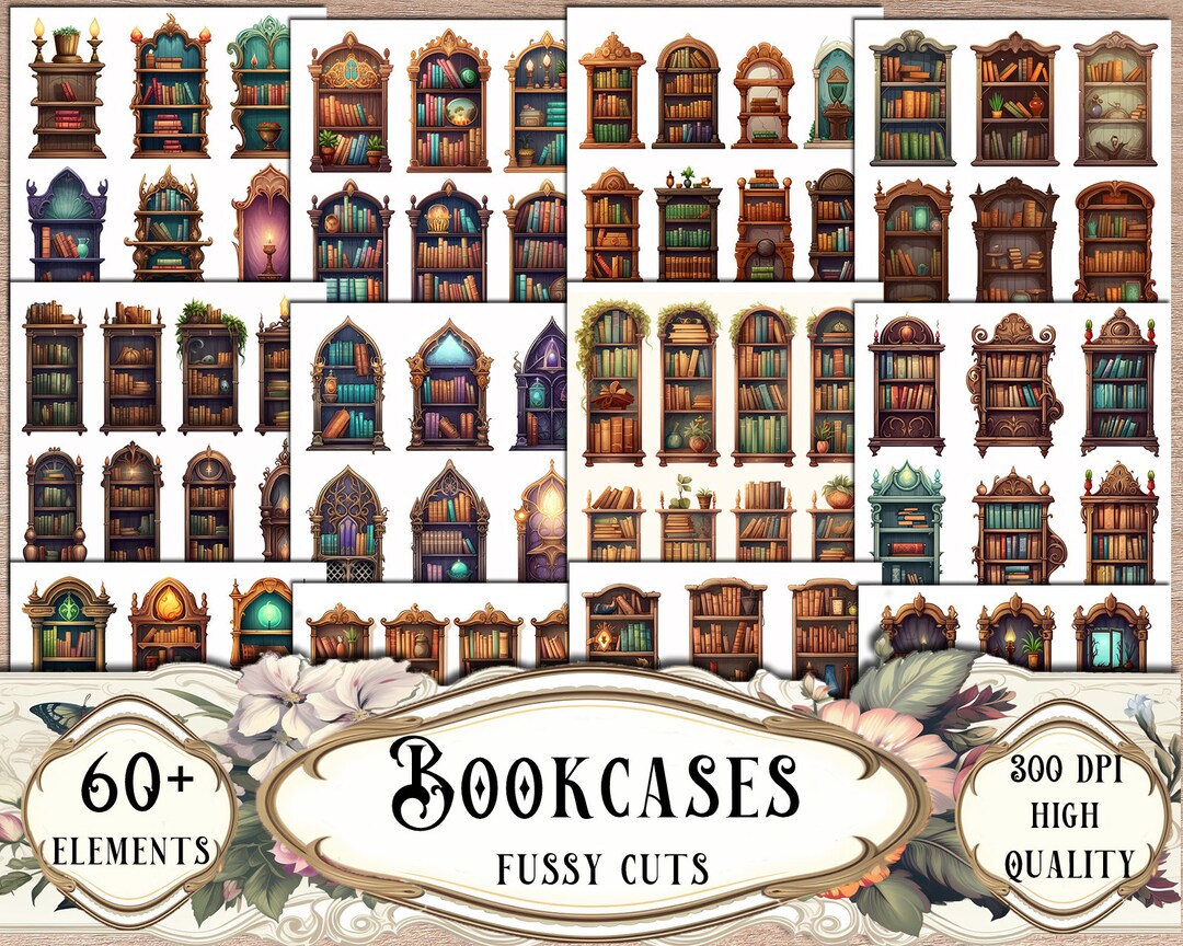 Bookcases Fussy Cuts, Printable Stickers, Junk Journal Kit, Printable ...