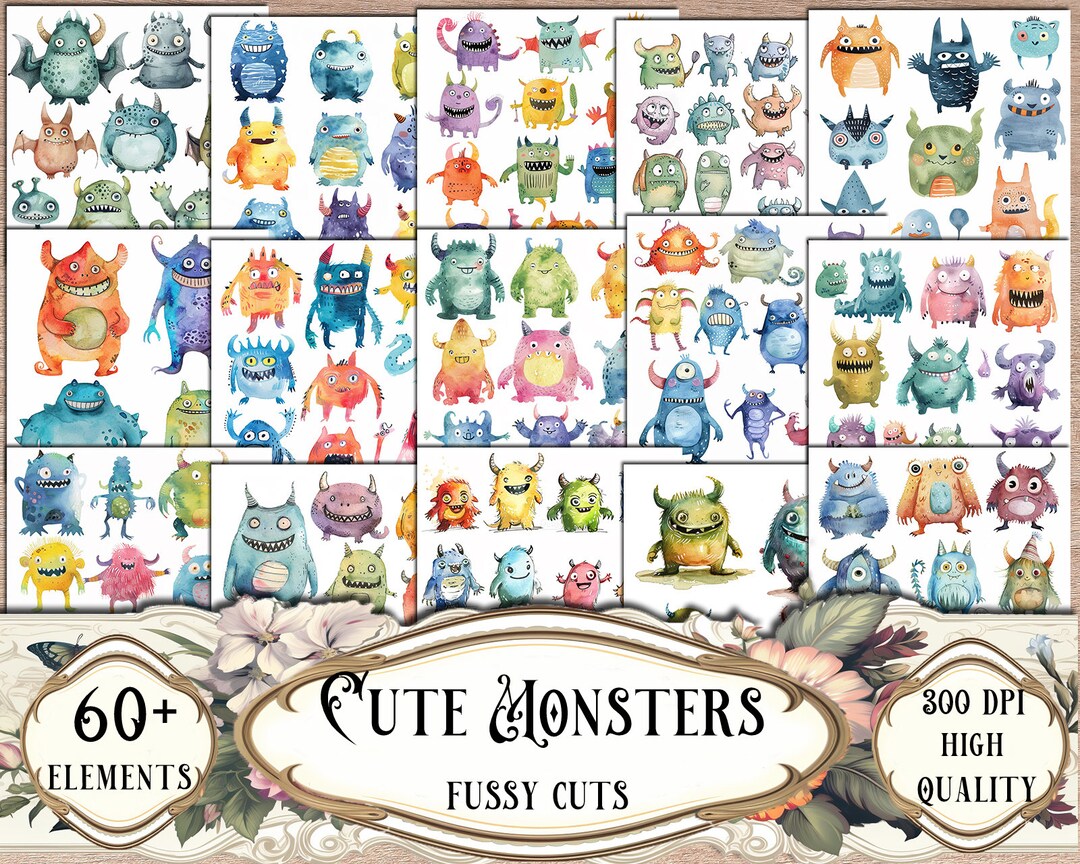Cute Monsters Fussy Cuts, Printable Stickers, Junk Journal Kit ...