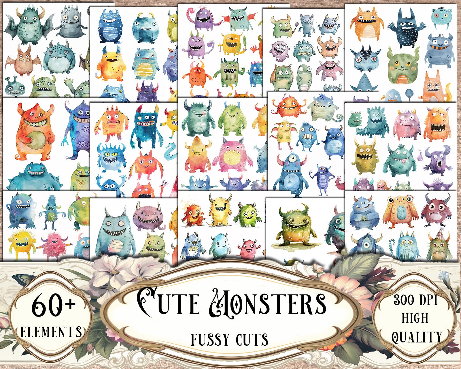 Cute Monsters Fussy Cuts, Printable Stickers, Junk Journal Kit ...