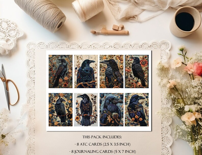 Raven Embroidery Printable ATC Cards, Junk Journal Kit, Scrapbooking ...