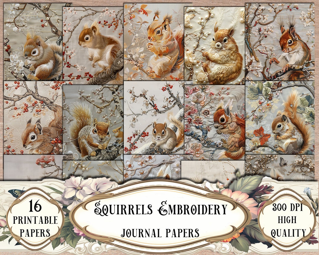 Squirrels Embroidery Journal Papers, Digital Papers, Printable Papers, Junk Journal Kit ...