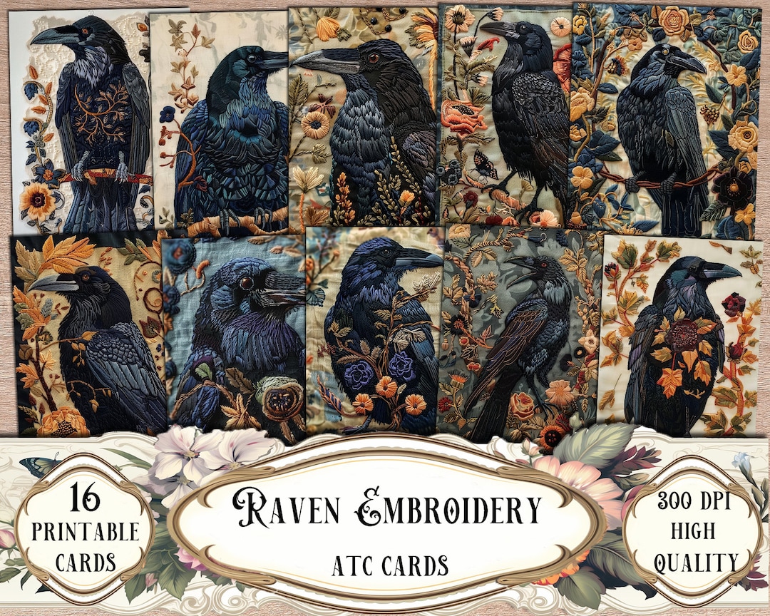 Raven Embroidery Printable ATC Cards, Junk Journal Kit, Scrapbooking ...