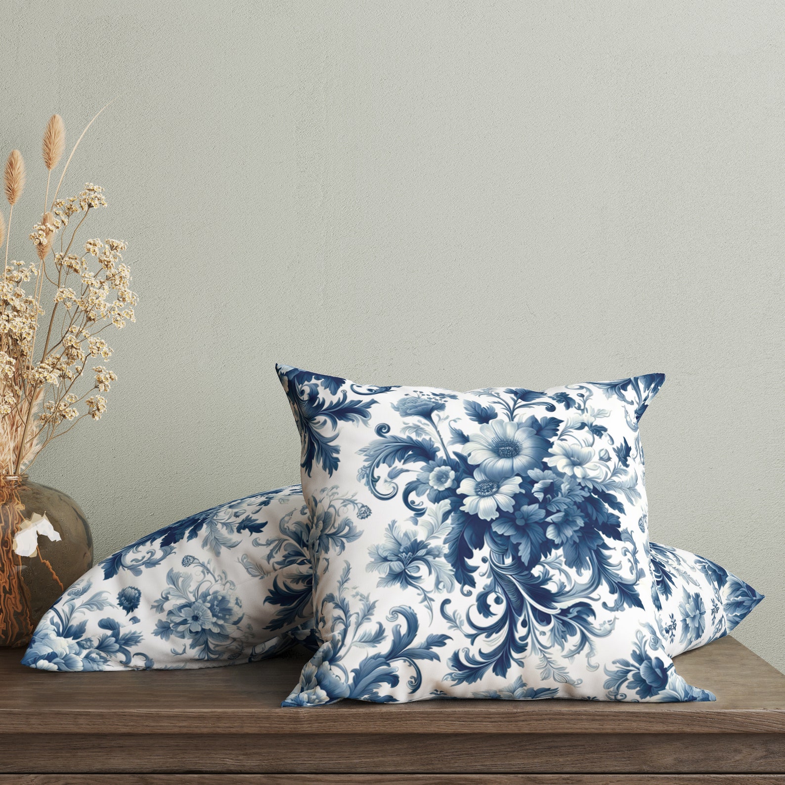Victorian Blue and White Floral Pillow Cover, Vintage Flowers Cushion ...
