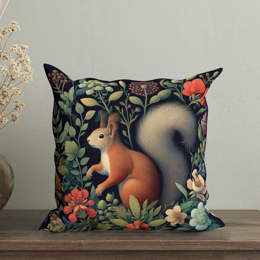 William Morris Inspired Squirrel Pillow Cover, Chic Farmhouse Animal ...