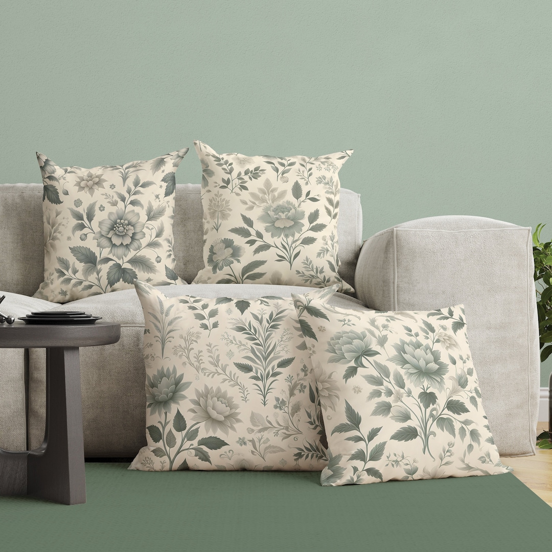 Sage Green and Cream Floral Cushion Cover and Throw Pillow, 4 Styles ...