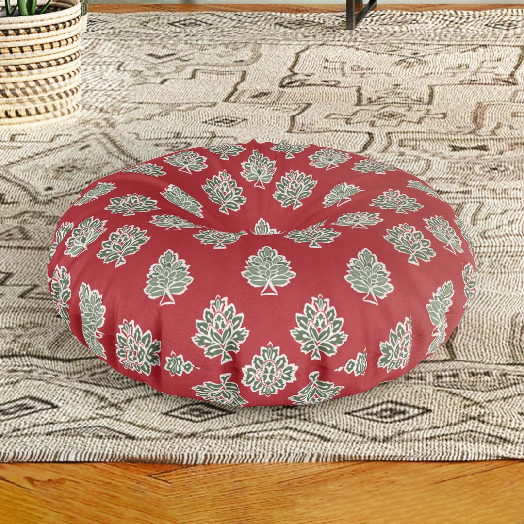 Dark Red & Sage Green Handblock Leaf Floor Cushion, Indian Faux Block ...
