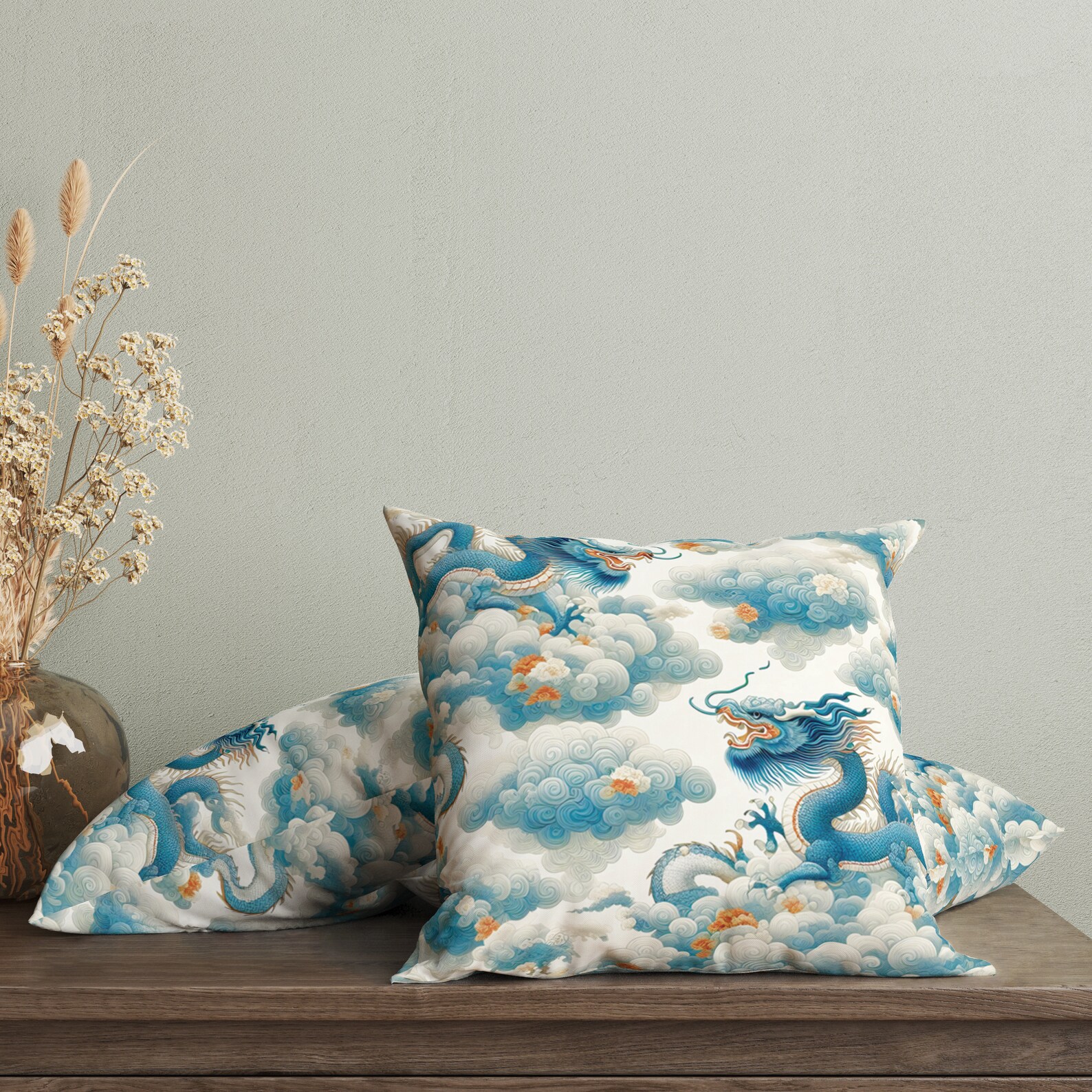 Chinese Dragons Pillow Cover, Chinoiserie Cushion Cover, Asian ...