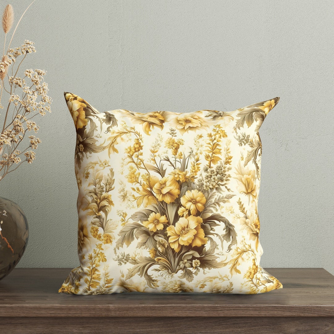 Vintage Yellow Floral Pillow Cover, Victorian Decorative Pillow, Yellow ...