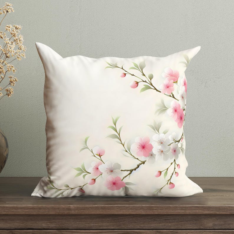 Japandi Cherry Blossom Pillow, Zen Sakura Cushion Cover, Minimalist ...