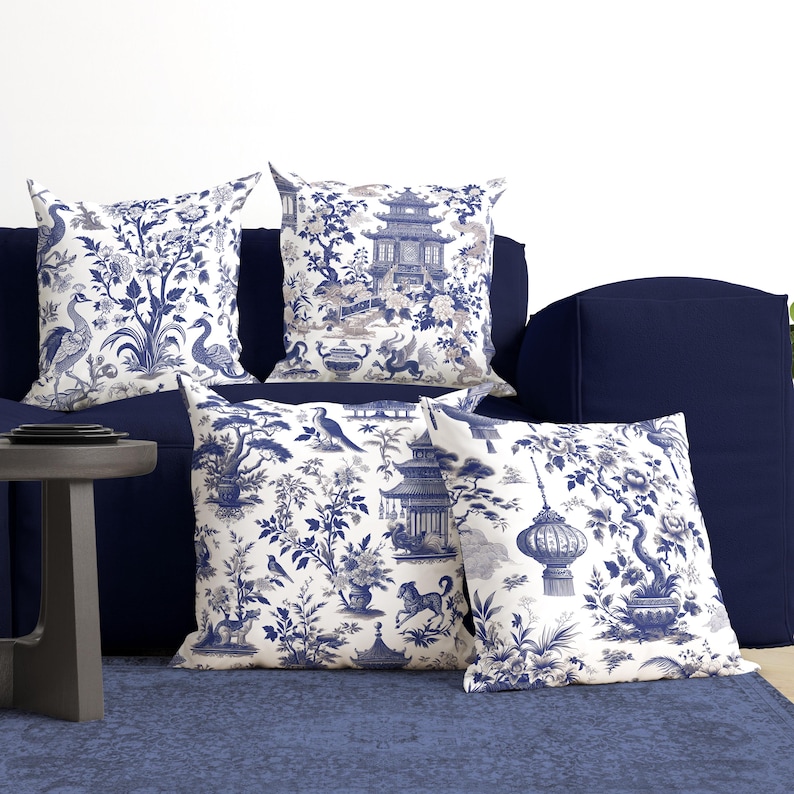 Blue White Chinoiserie Toile Throw Pillow Cover, Eclectic Asian Decor ...