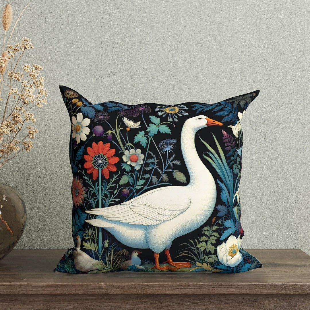 William Morris Inspired White Goose in a Forest Pillow Cover, Farmhouse ...