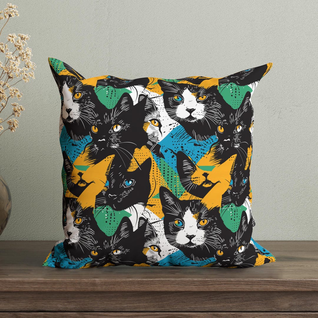 Funky Cat Pop Art Pillow Cover, Modern Decorative Cushion, Funny Throw ...