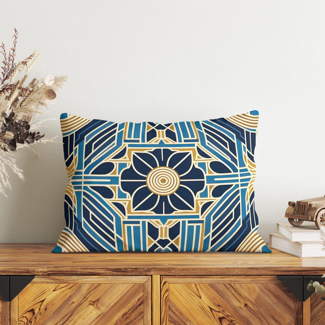 Art Deco Geometric Lumbar Pillow, Insert Included, Blue and Yellow ...