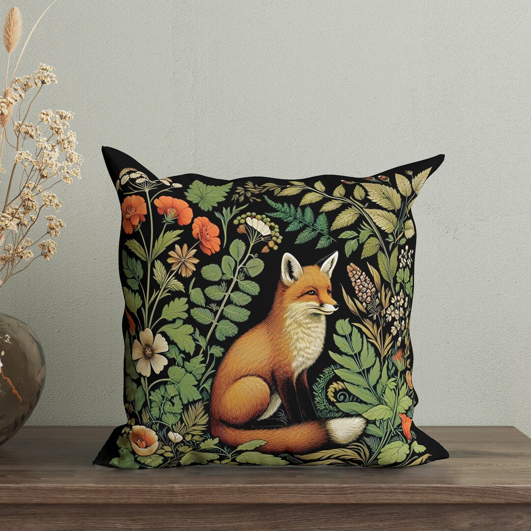 Forestcore Farmhouse Fox Pillow, Wild Animal Throw Pillow, Botanical ...
