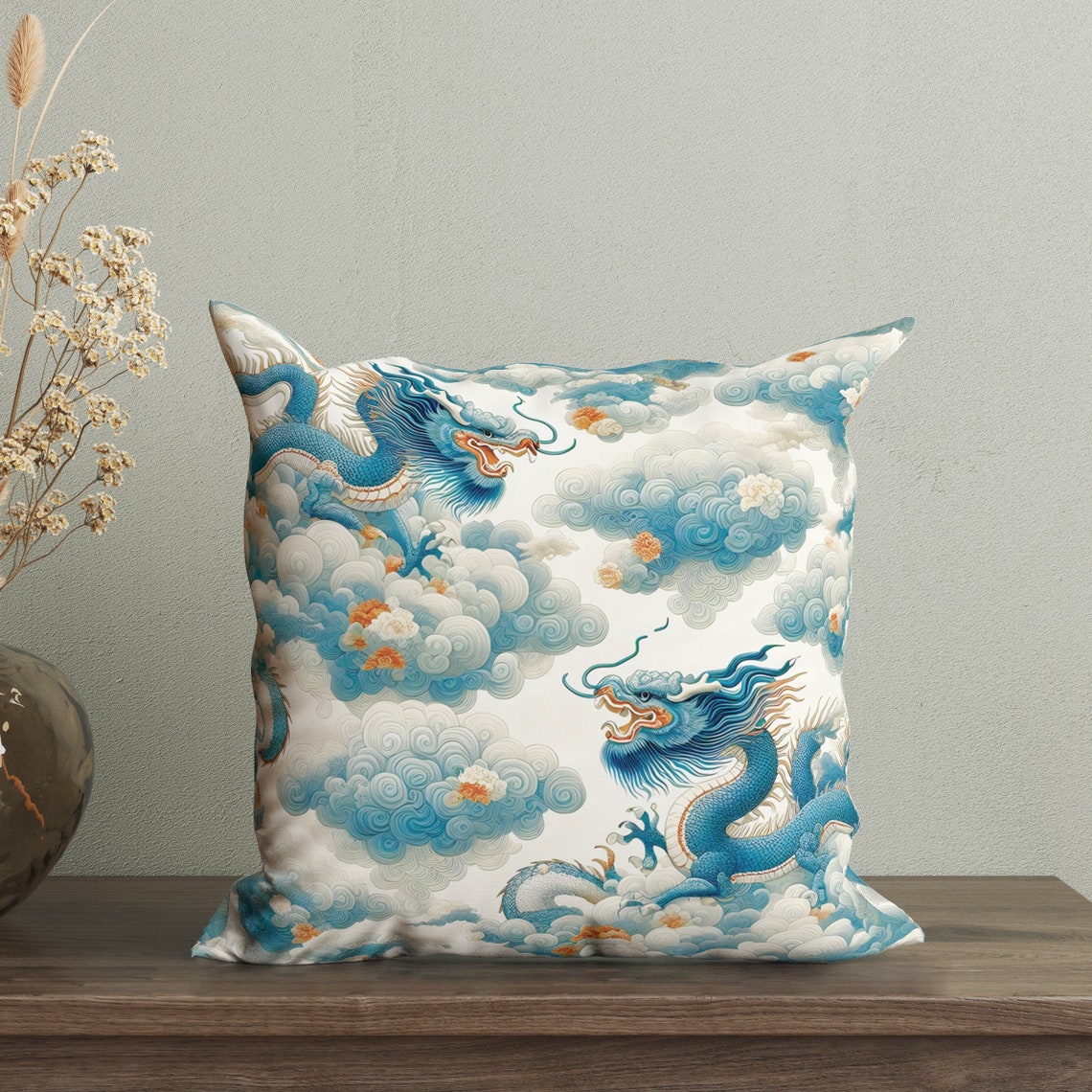 Chinese Dragons Pillow Cover, Chinoiserie Cushion Cover, Asian ...