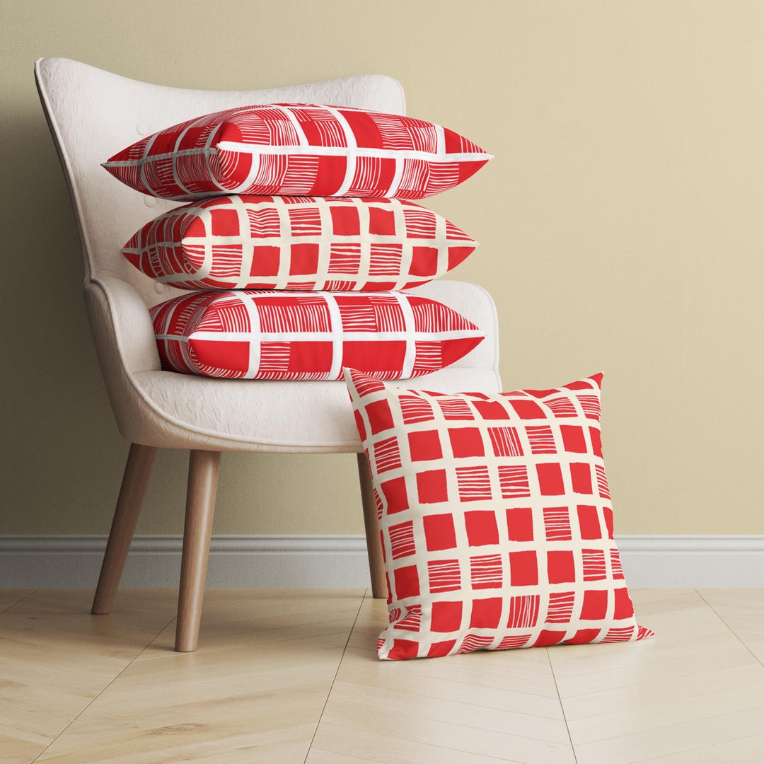 Modern Red Geometric Checkered Decorative Pillow Cover, Abstract Throw ...