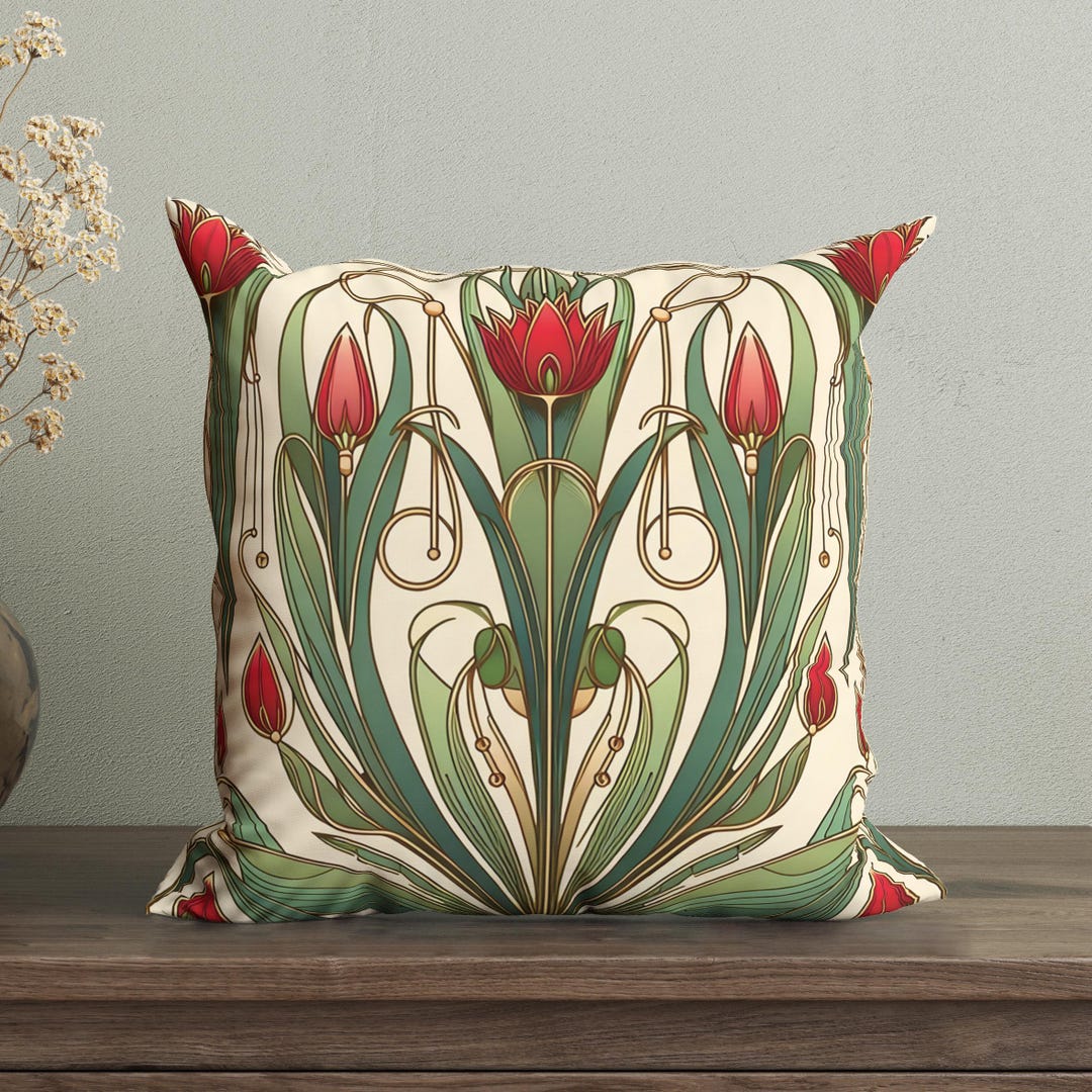 Floral Art Nouveau Throw Pillow Cover, Red Gold Flowers Decorative ...