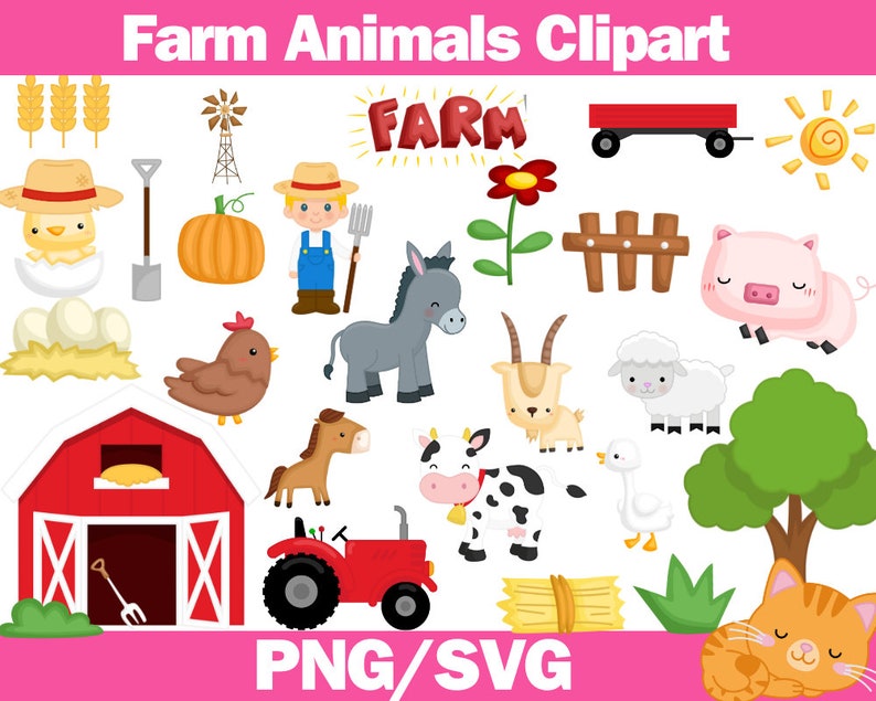 Farm Animals Clipart Set, Barn, Farmyard Animals, Sheep, Cow, Horse ...