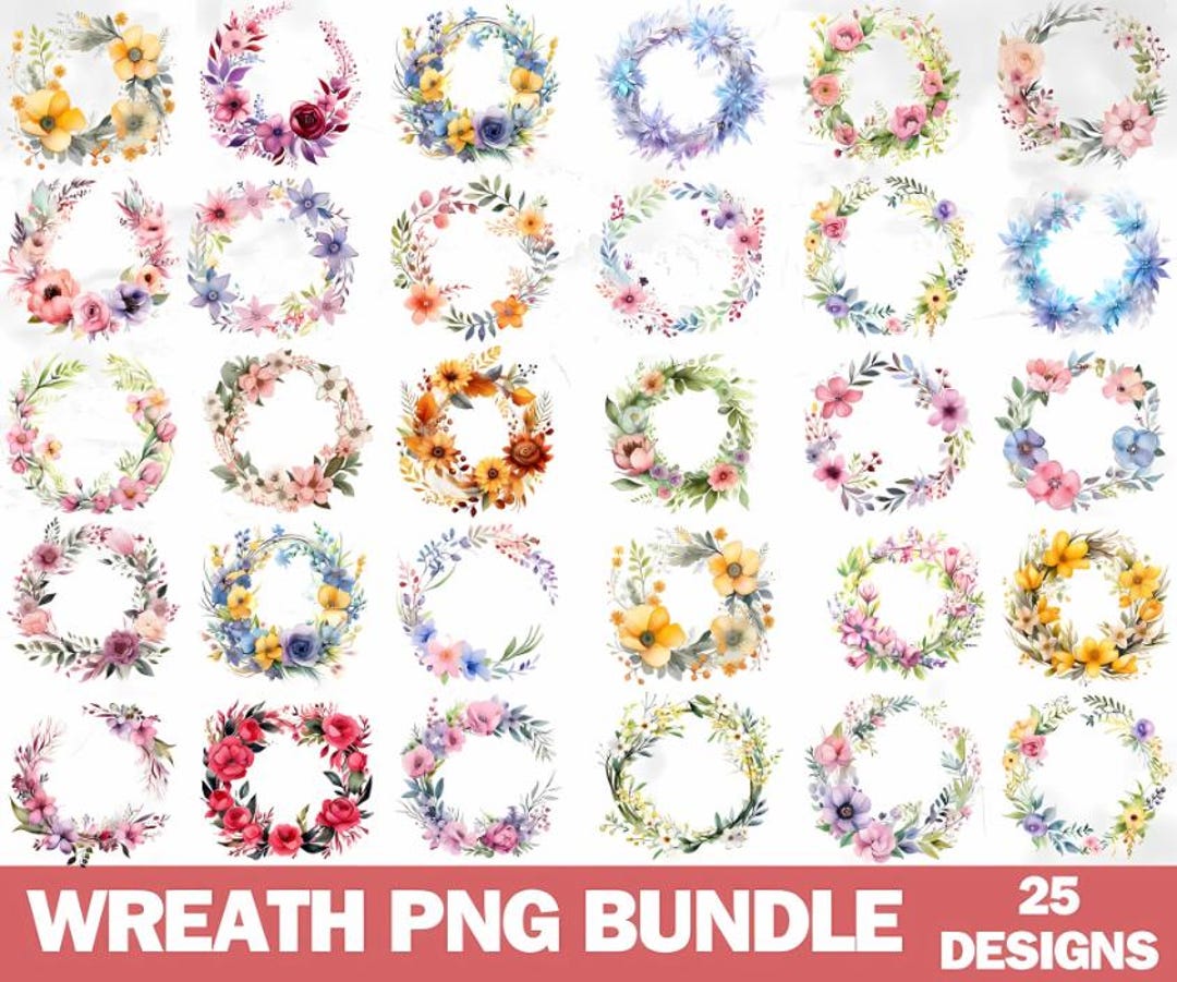 Watercolor Floral Wreath Clipart: Pink Flower PNG Bundle (digital ...