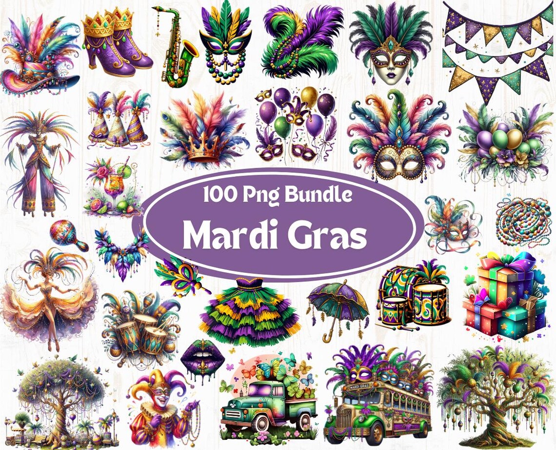 Watercolor Mardi Gras Clipart: New Orleans PNG Bundle (commercial Use ...