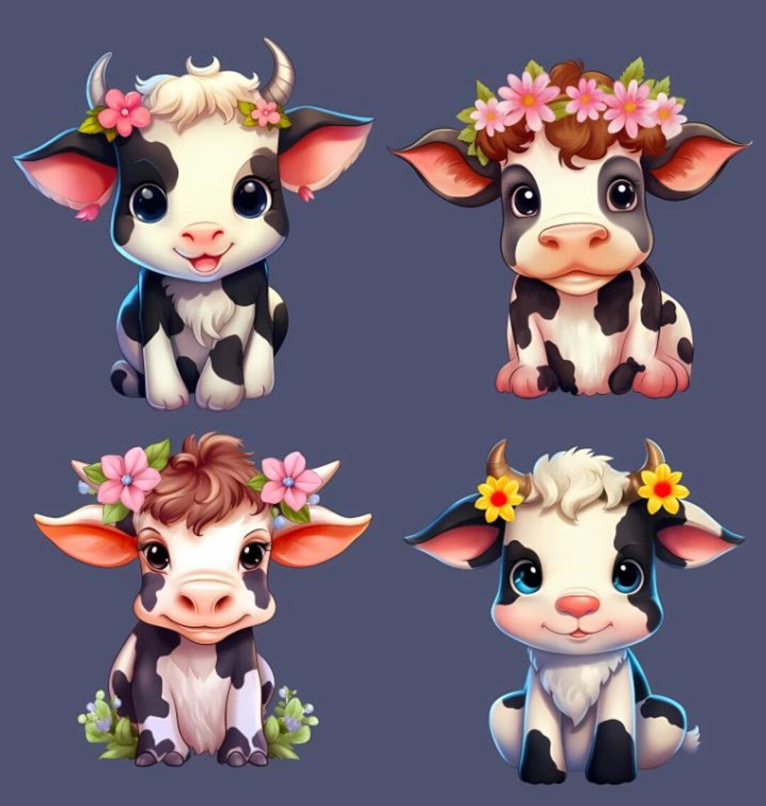 4 Cute Cow Clipart Bundle, Adorable Farm Animal, Farm Barn Animal PNG ...