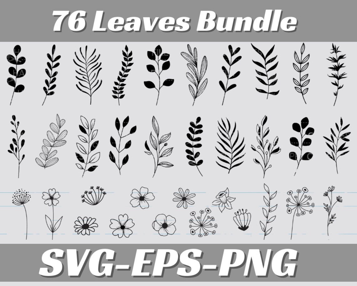 76 Leaves SVG Bundle, Hand Drawn Leaves SVG, Plant Svg, Paper Leaves ...