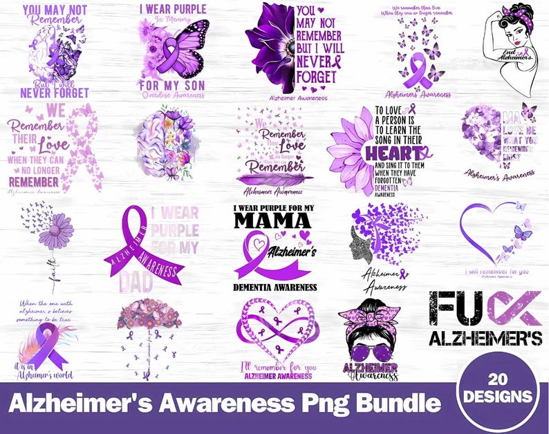 Alzheimer's Awareness PNG Bundle: Purple Ribbon Designs (digital ...