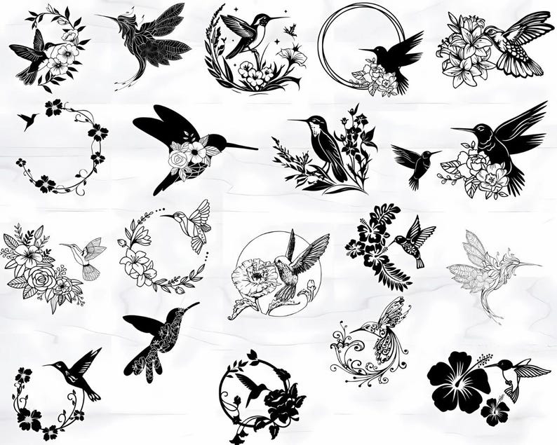 Hummingbird Flower SVG Bundle: Bird Silhouette Clipart (digital ...