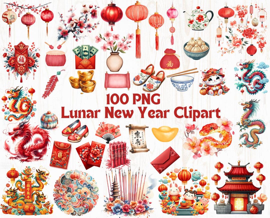 Watercolor Chinese New Year Clipart, Cute Lunar New Year Clipart, Lunar ...