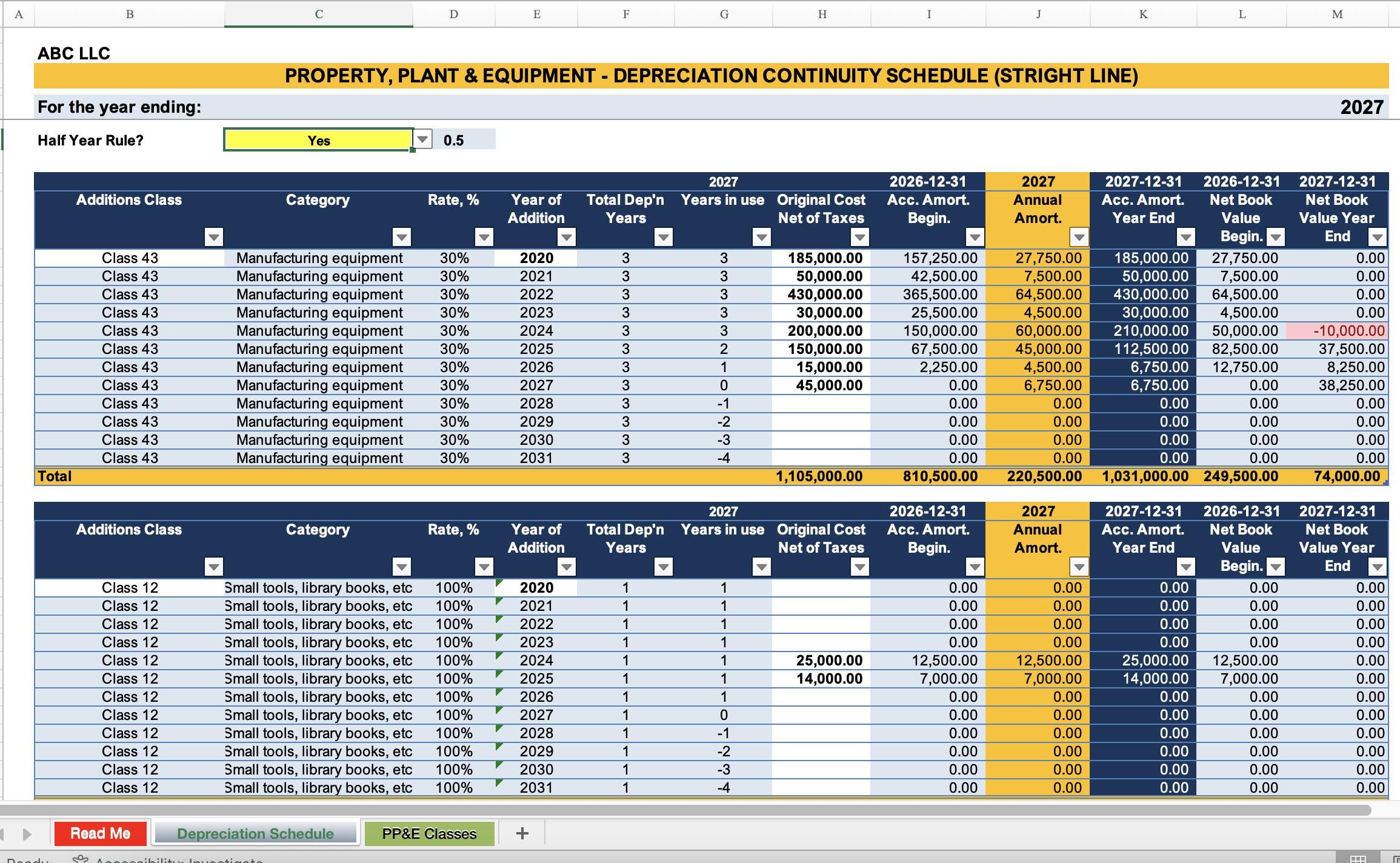 Fixed Assets Continuity Depreciation Schedule Excel Template - Straight ...