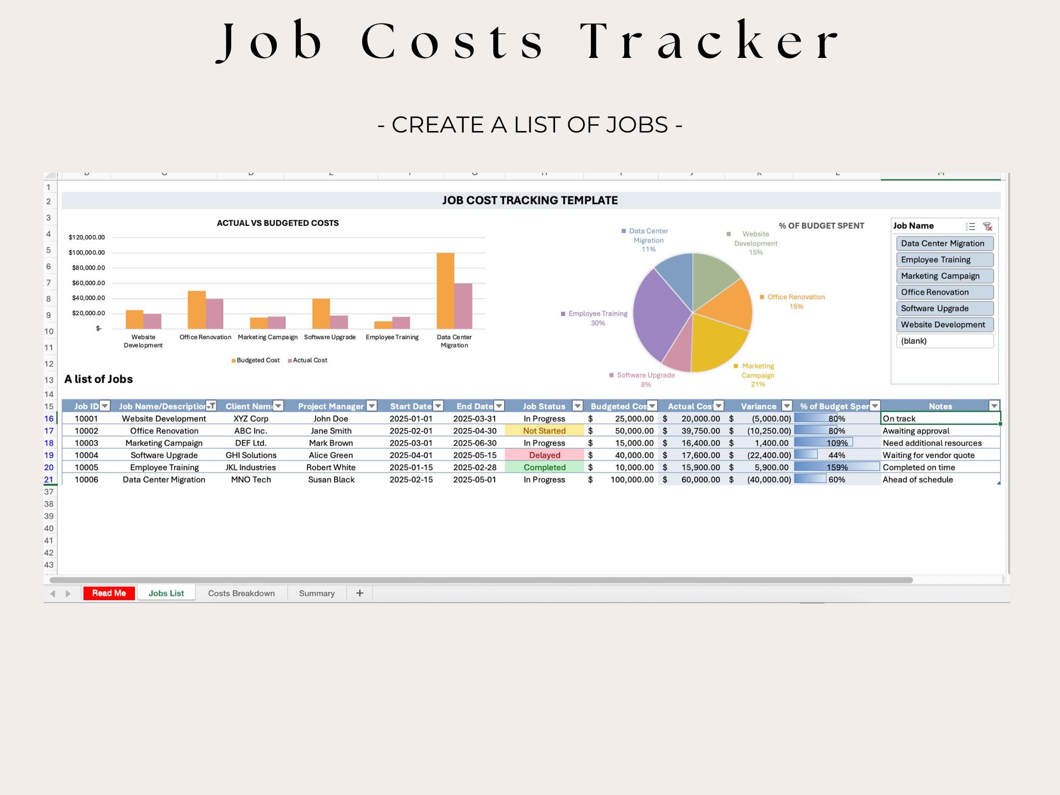Job Costing Excel Template Bookkeeping Project Cost Tracker ...
