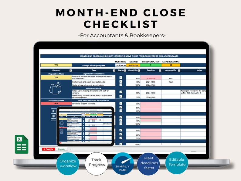 Month-end Closing Checklist Excel Template for Bookkeepers (digital ...
